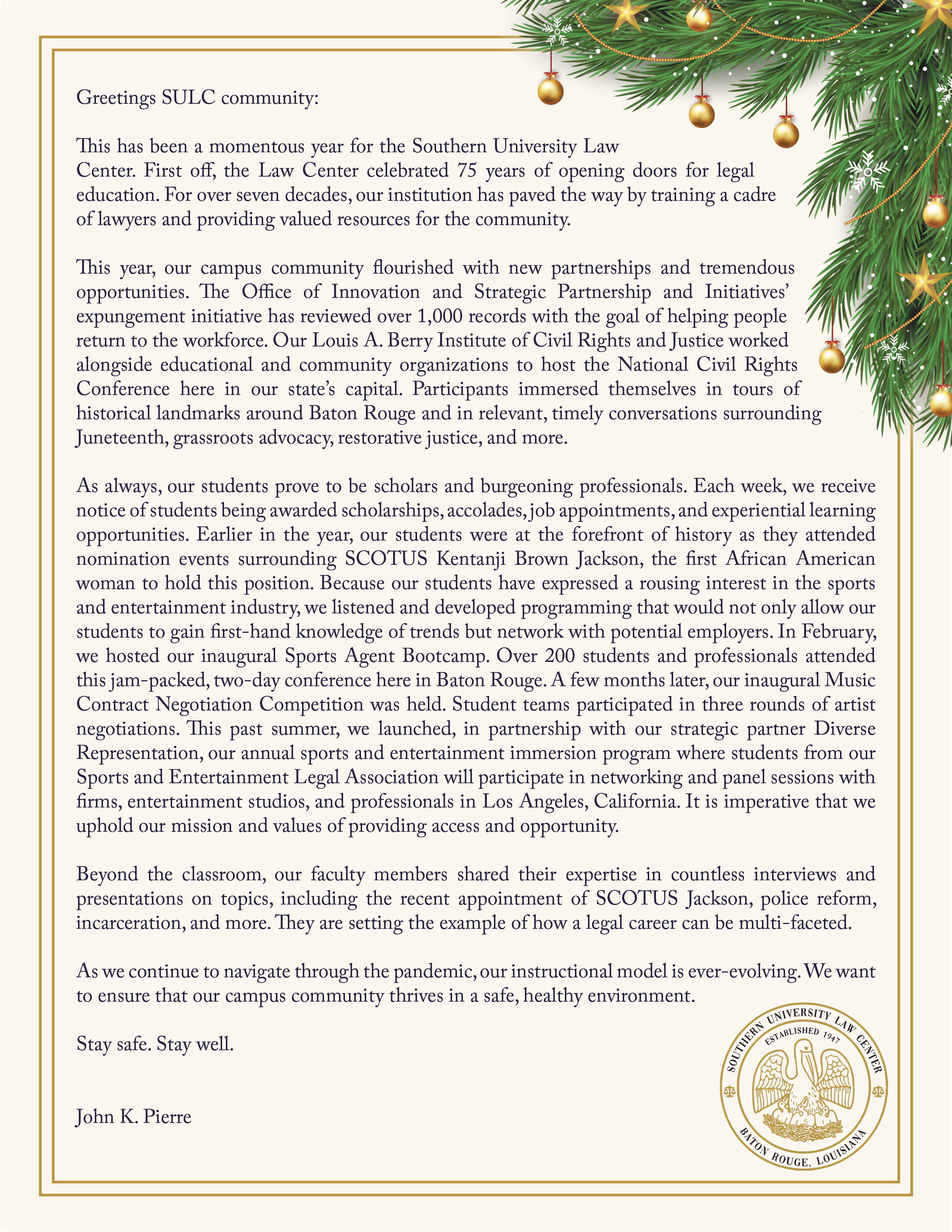 Holiday message from Chancellor John Pierre | Southern University at ...